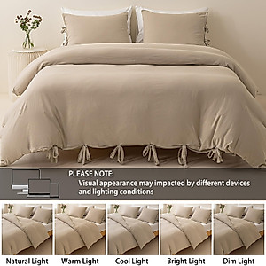 MUKKA Duvet Cover Queen Size 3 Pieces Sets Beige Boho Chic, Tan Khaki Farmhouse Bowknot, Sand Soft & Easy Care Washed Microfiber Cream Bohemian Bedding Sets with Ties