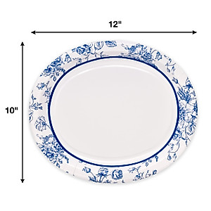 Gift Boutique 50 Blue Floral Oval Paper Plates 10" X 12" Large Disposable Platters Spring Summer Flowers Serving Dish Tray for Birthday Party Supplies