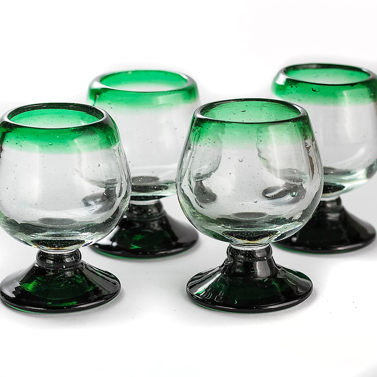 MEXTEQUIL - Authentic Mexican Tequila Hand Blown Shot Glasses - Set of 4-2 oz - Mini Glass Snifters - Heavy Base - Cognac (Green Rim)