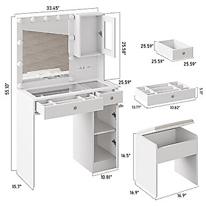 Ksuefao Vanity Desk with LED Lighted Mirror & Charging Station, Makeup Vanities Table with 2 Drawers for Bedroom, Storage Bench Included, White