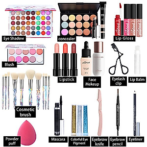All-in-One Makeup Kit for Women Full Kit,Multipurpose Kit,Cosmetic Starter Beauty Include Brush Set,Eyeshadow,Lip Gloss,Mascara,Travel Carry Bag
