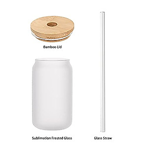 PYD Life Sublimation Glass Cans Blanks Frosted 13 OZ with Bamboo Lid and Clear Glass Straw Wide Mouth Jar Tumbler Cups Mugs for Iced Coffee,Juice,Soda,Drinks 6 Pack