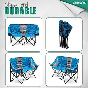 SUNNYFEEL Folding Double Camping Chair, Oversized Loveseat Chair, Heavy Duty Portable/Foldable Lawn Chair with Storage for Outside/Outdoor/Travel/Picnic, Fold Up Camp Chairs for Adults 2 People