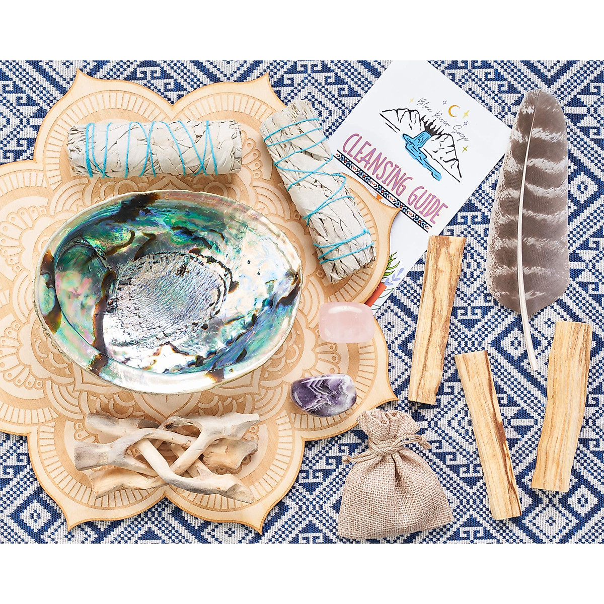 Home Cleansing & Smudging Kit with White Sage, Palo Santo, Abalone & Stand, Smudge Feather & Guide - Smudge Kit with Sage Smudge Sticks