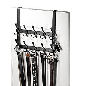 Over The Door Belt Organizer Rack, Holds Over 60 Large Belts, Heavy Duty Metal Storage Holder with Triple-Hook Design, Tie & Scarf Display Hanger for Closet, Bedroom Door, Bra Hanger- 2-Tier, Black