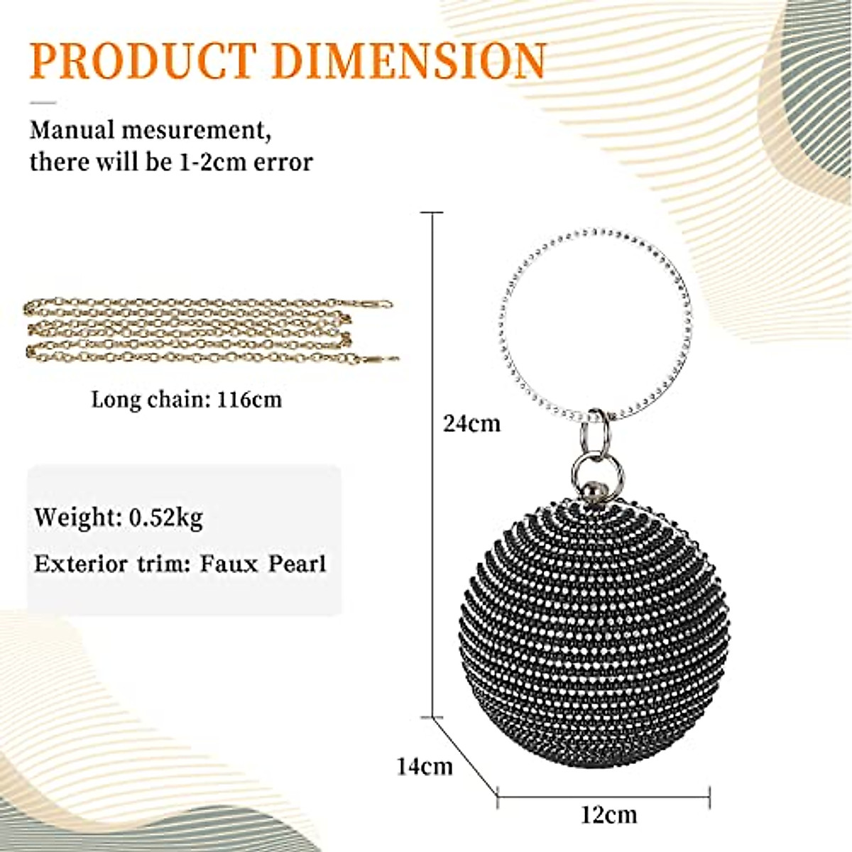 CORIOS Evening Handbag for Women Round Ball Clutch Purse Beaded Pearl Clutch Bag Rhinestones Shoulder Bag Bridal Wedding Purse Crossbody Bag for Wedding Cocktail Party Banquet Prom Black