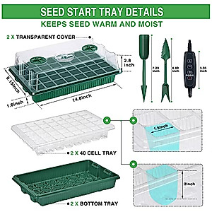 YAUNGEL Seed Starter Tray with Grow Light, Seed Starter Kit with Timing Controller Adjustable Brightness,80 Cells Seed Starter Tray for Indoor Planting with Humidity Domes Heightened Lids 2 Pack