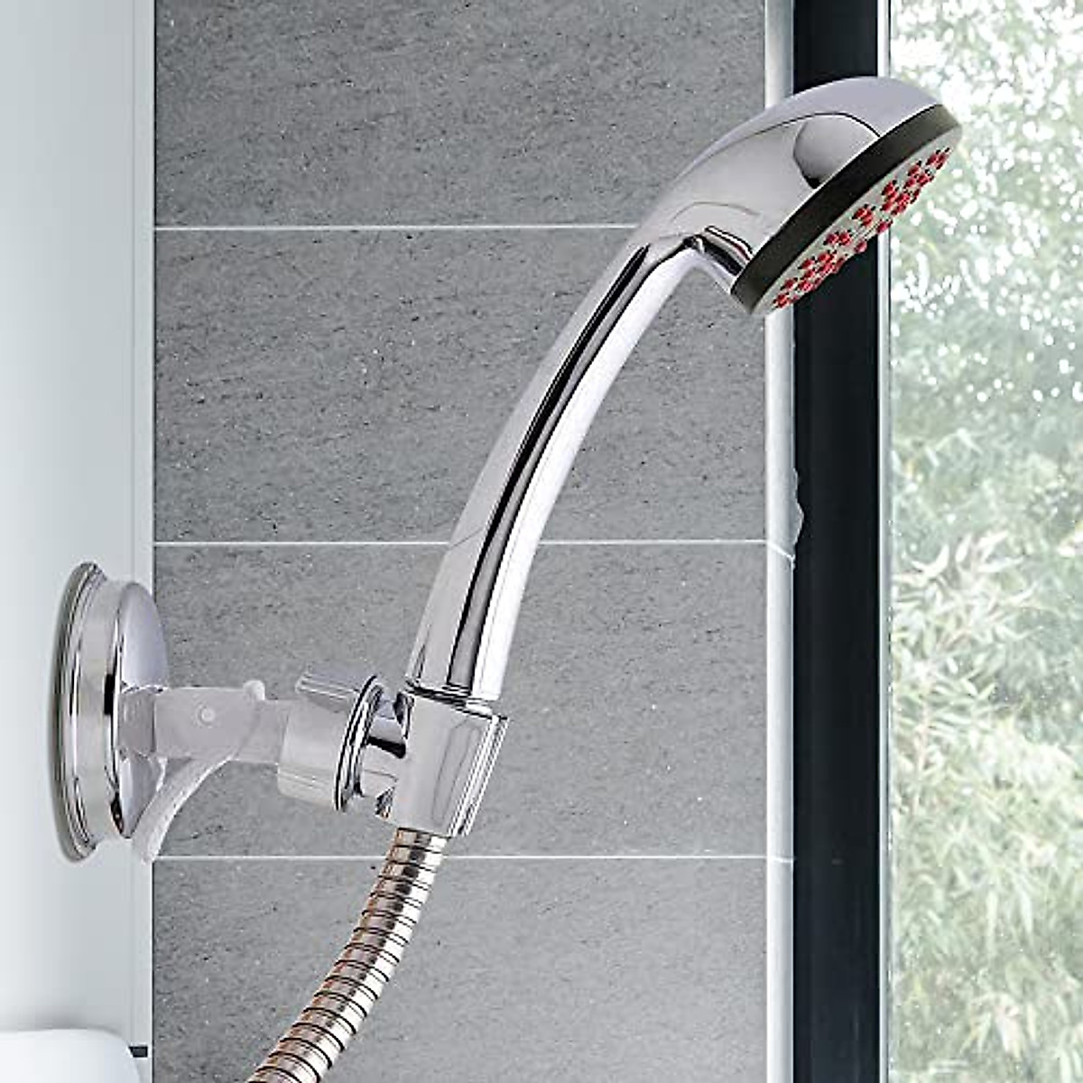 Shower Head Holder Suction Cup Shower Head Holder, Adjustable Height Wall Mount Shower Wand Holder Bracket ABS, Removable Handheld Shower Head Holder Silver (2 Pack)