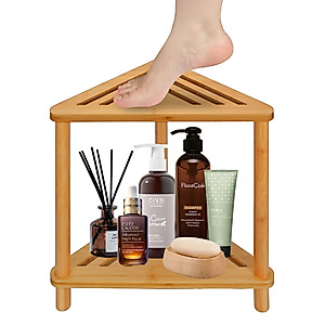 Bamboo Corner Shower Stool for Inside Shower Shaving Legs, Waterproof Bathroom Shower Bench Seat with Storage Shelf for Bathroom, Shower Foot Rest for Small Spaces, Bath Seat