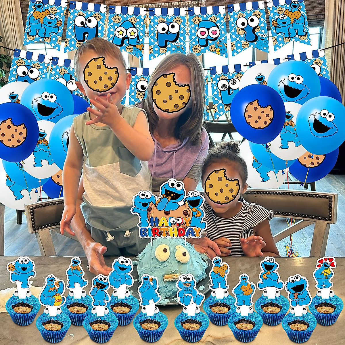 46 Pcs Cartoon Cookies Birthday Party Supplies Includes Happy Birthday Banner Cake&Cupcake Toppers Balloons for Boys Girls Baby Shower Monster Theme Party Decoration