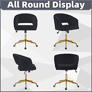 ABET Desk Chair with Wheels, Velvet Home Office Chair, Swivel Armchair Gold Base, Upholstered Modern Accent Chairs, Back Incline Adjustable for Living Room Bedroom Vanity, Black