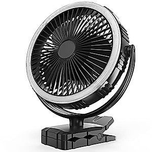 10000mAh Rechargeable Battery Operated Fan, 8-INCH Portable Clip On Fan, Camping Fan with LED Light, 3 Quiet Speeds, Sturdy Clamp & Hanging Hook for Home, Office, Dorm, Outdoor Activities, More