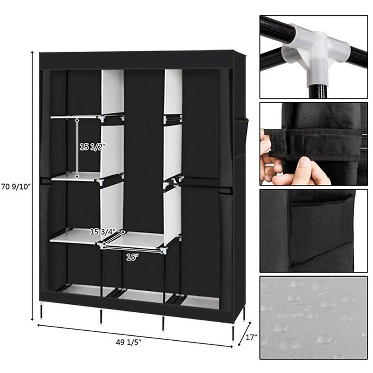 yimingli Portable Clothes Wardrobe Closet Storage Organizer Shelf with Non-Woven Fabric and Hanging Rod(71 inch Black)