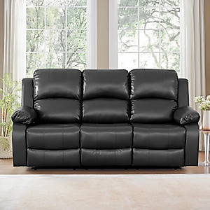 SumKea Large Loveseat Recliner Sofa, Leather Living Room Couch with Cup Holder, Black