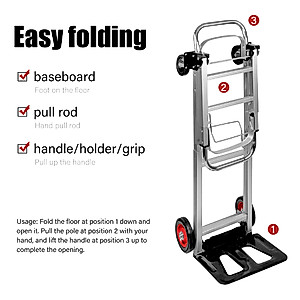 Folding Hand Truck, 3 in1 Aluminum Hand Truck with 3-Position Folding Pulley Handles, Load Capacity 220 lbs