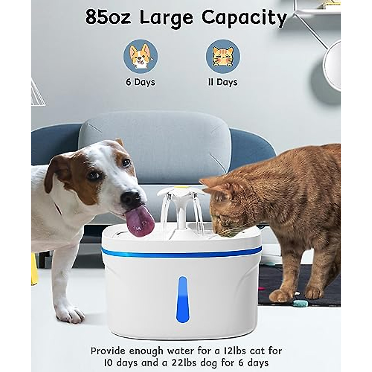 Cat Water Fountain, 84 fl oz/2.5L Ultra-Quiet Pet Water Fountain for Cats Inside with LED Light, Activated Carbon Filter, Cat Fountain Water Bowl, for Cats, Dogs, Multiple Pets