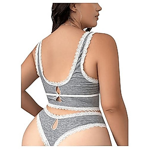 WDIRARA Women's Plus Size Lace Trim Ruched Underwire Lingerie Set Bralette and Panty Set Grey 3XL
