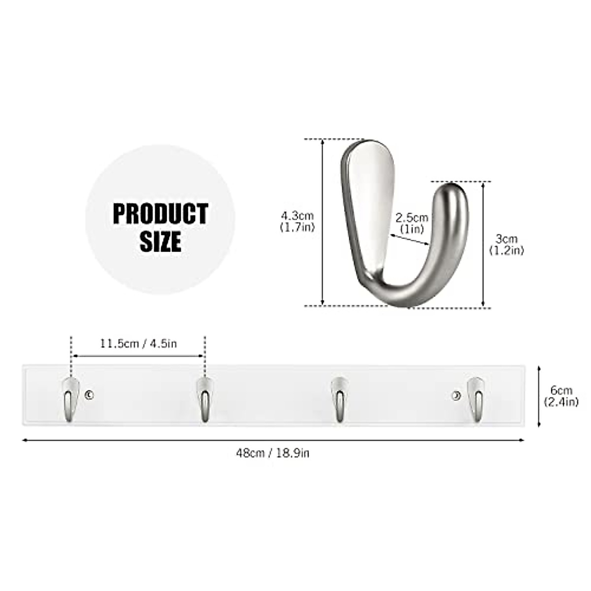 Wall Mount Coat Rack, 4-Hook Heavy Duty Wooden Key Organizer, Decorative Hook Rail for Entryway, Bedroom, Hallway, Mounted Hanger for Hats, Towels, Clothes, Bags (White)