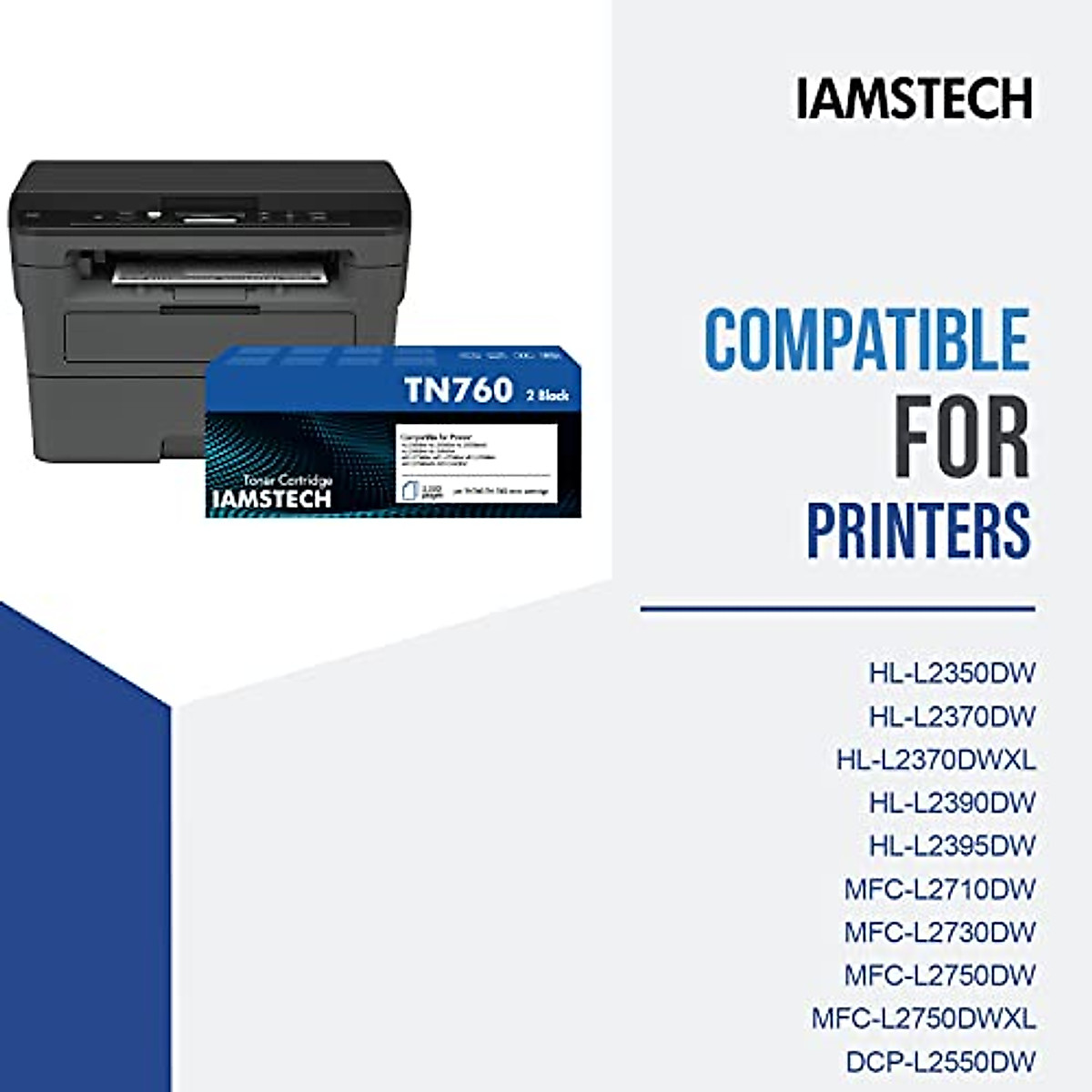 iamstech TN760 Toner for Brother Printer Compatible Replacement TN-760 TN 760 TN-730 TN730 730 Cartridge MFC-L2710DW MFC-L2750DW HL-L2395DW L2710DW L2750DW L2370DW 2 Pack Black