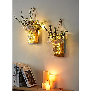 Party Joy Mason Jar Sconces Set of 2 Spring Decor Wall Decor Rustic Wall Sconces with Remote Control LED Fairy Lights and Artificial Flowers Bathroom Decor Home Decor with Lights