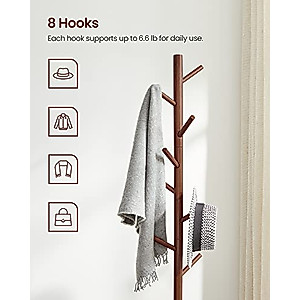 VASAGLE Solid Wood Coat Rack, Free Standing Coat Rack, Tree-Shaped Coat Rack with 8 Hooks, 3 Height Options, for Clothes, Hats, Bags, for Living Room, Bedroom, Home Office, Dark Walnut URCR04WN