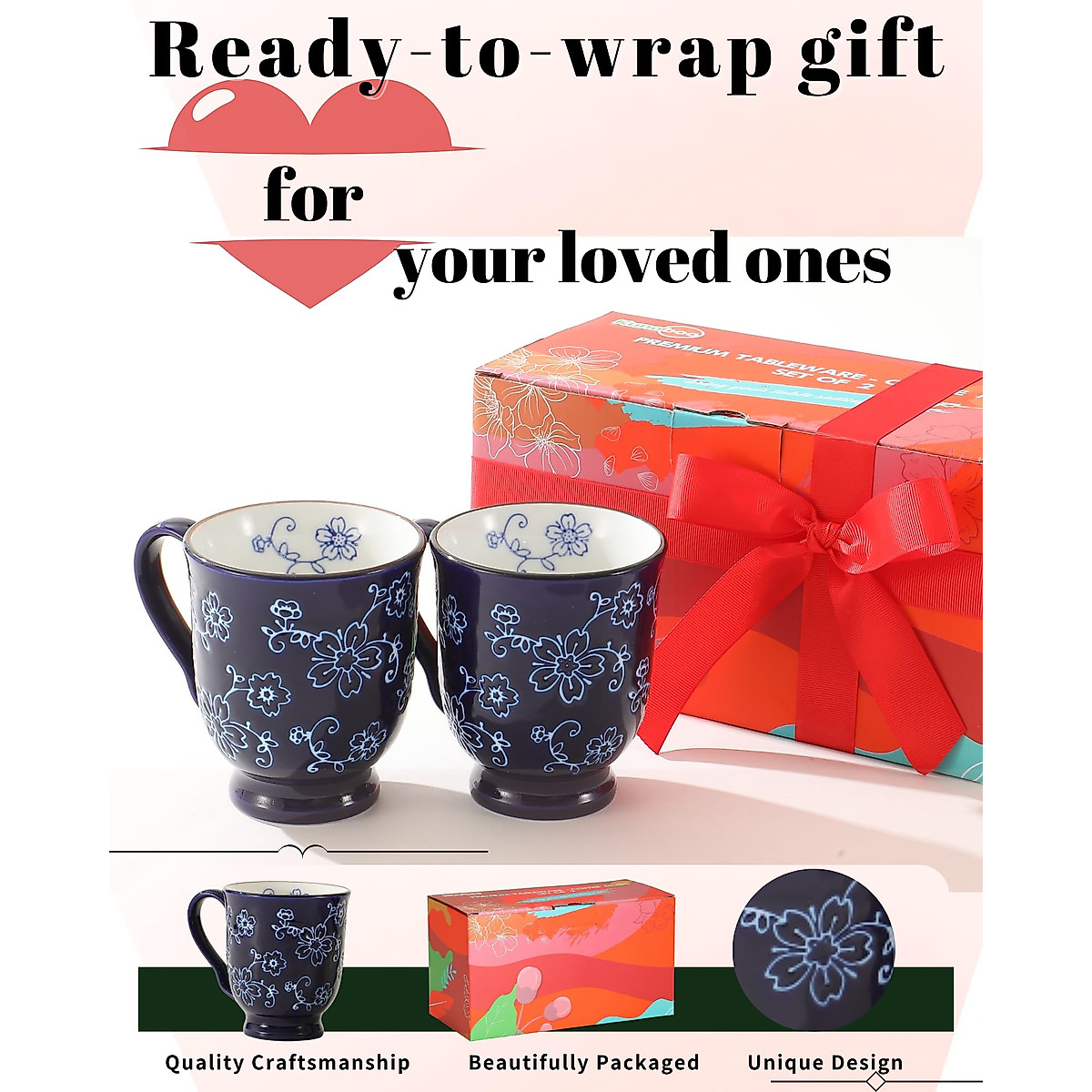 KUNABOO Artisanal Ceramic Mugs, Ceramic Coffee Cups, Coffee Mug Set of 2-11 oz -Sakura Floral Series Midnight Blue - Ready to Wrap Gift