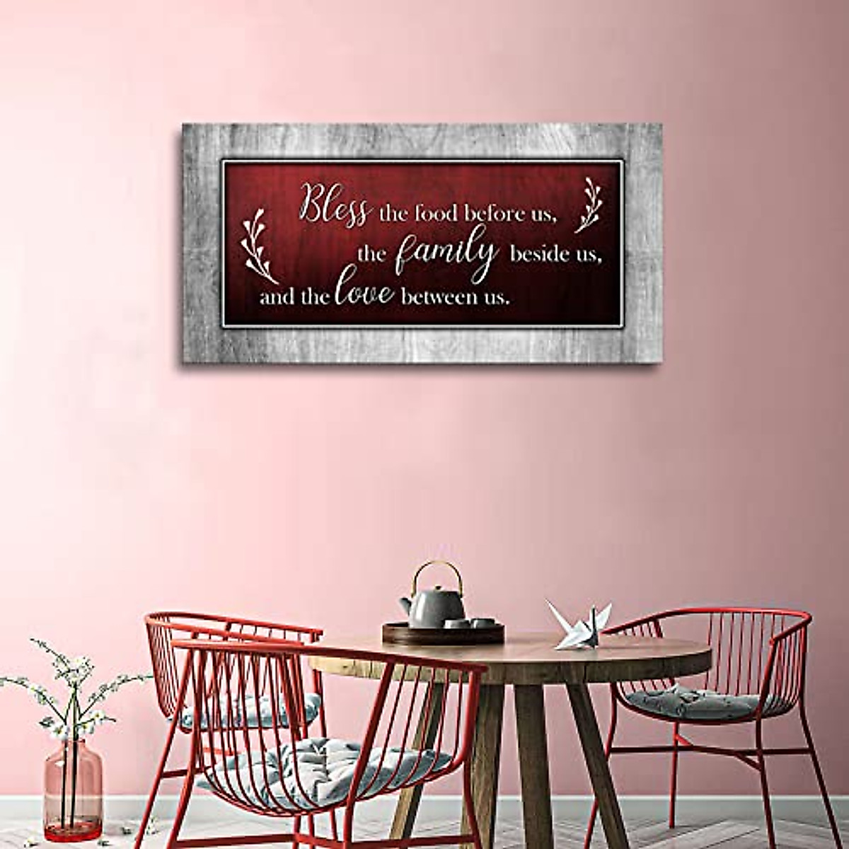Inspirational Wall Art Painting | Christian Quote Canvas Wall Art Dining Room | Red Wall Decor Living Room | Wooden Framed Canvas | Rustic Home Decor Farmhouse | Bless The Food Before Us,Ready To Hang 24"X 48"