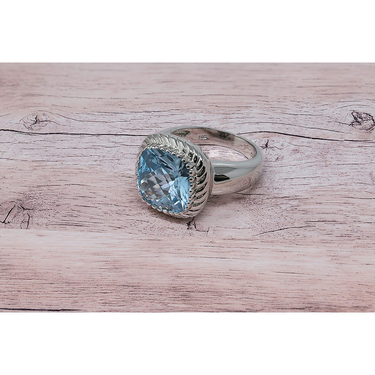 KOKAV 925 Sterling Silver Genuine Blue Topaz Checkerboard Cut 12mm Cocktail Ring. Size 7