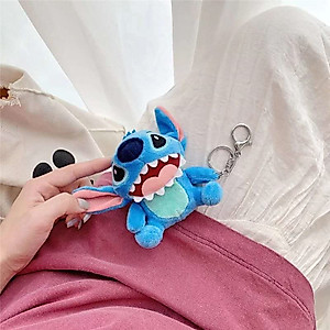 AirPods Case Soft TPU Fluffy Plush Blue Stitch Cover with Keychain Hook for Apple AirPods1 AirPods2 1 2 1st 2nd Generation 3D Cartoon Disney Disneyland Cute Lovely Warm Christmas Kids Girls