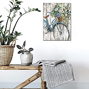 LAIART Farmhouse bathroom wall decor canvas art blue Retro bike picture print flower artwork for bedroom dining living room(11''x15)