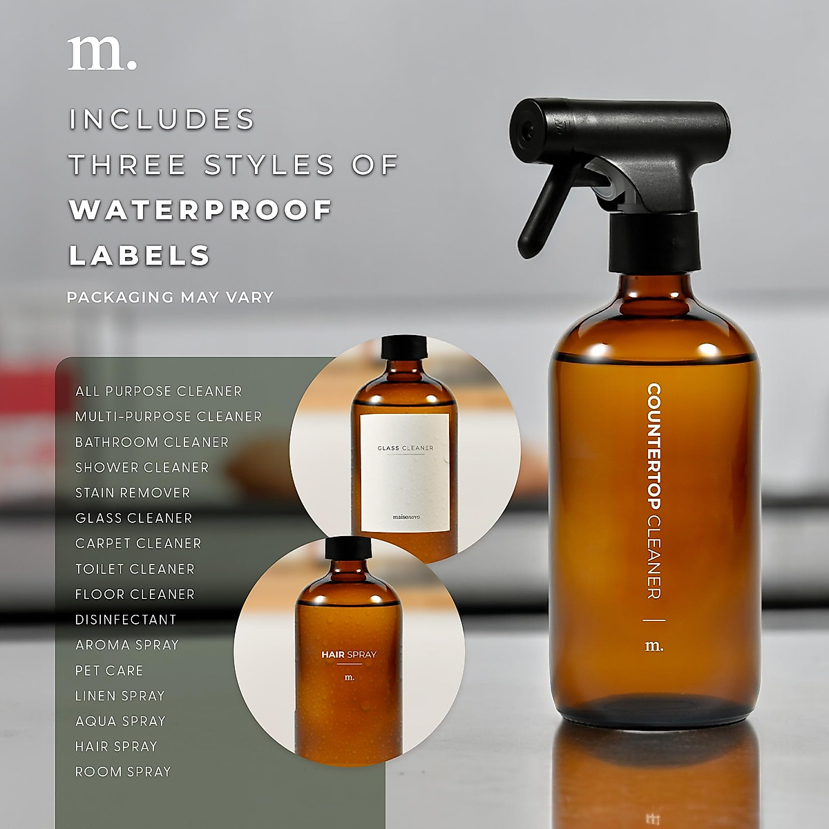 MAISONOVO Glass Spray Bottle - 16.9 fl oz Amber x 2 with 16 Labels