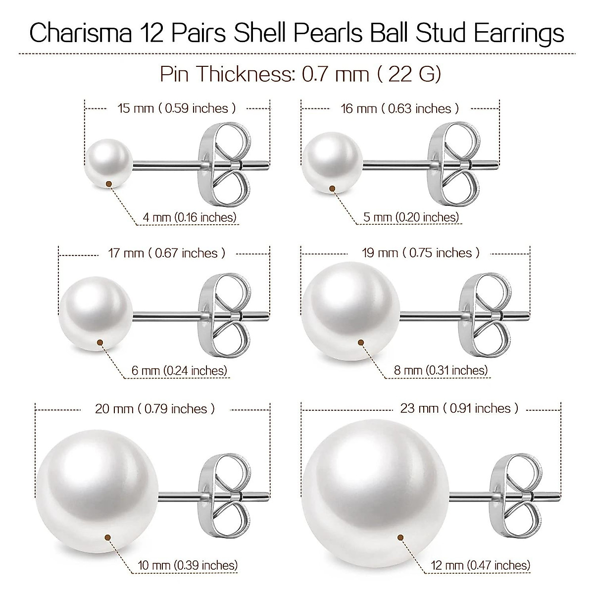 Charisma 4-12mm Composite Round Ball Pearls Stud Hypoallergenic 12 Pairs Mixed Sizes Imitation Pearl Stainless Steel Earrings Set for Girls Women