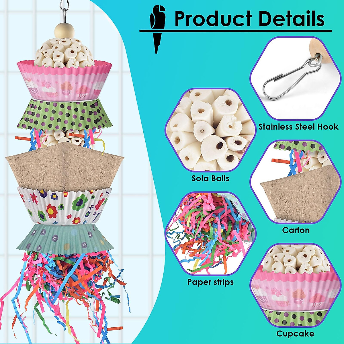 Bissap Conure Toys, Bird Parrot Foraging Shredder Hanging Toys 2 Sola Balls Wooden Block Tassels with Bell for Small Parrots Parakeets Conures Cockatiels Love Birds Cage Toy