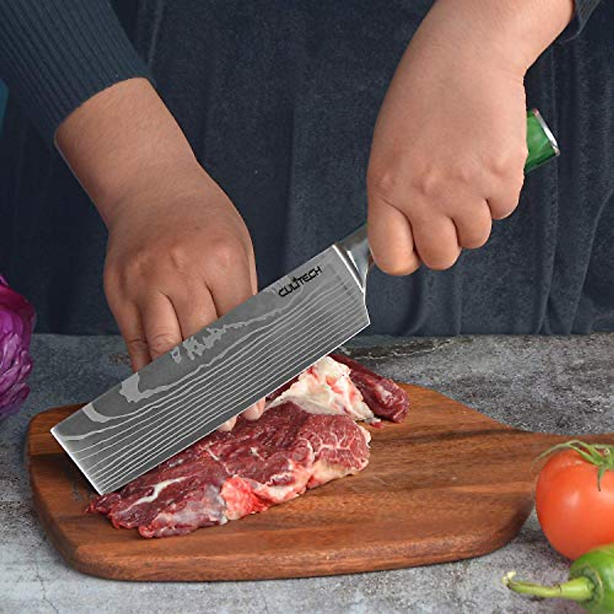 CULITECH Nakiri Knife, 7 inches Sharp Laser Damascus Pattern Chef Knife with Resin Handle and Sheath,Utility Kitchen Knife for Kitchen and Restaurant used