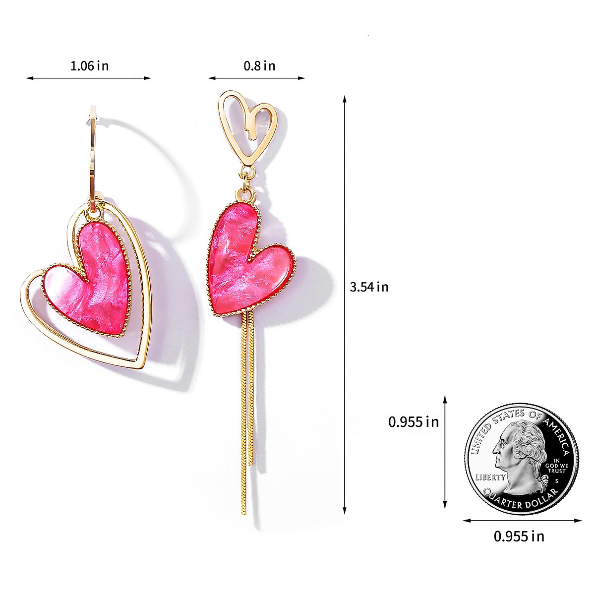 PopTopping Gold Asymetrical Heart Earrings Pink Heart Dangle Earrings Love Heart Drop Earrings For Women Birthday Valentine's Day Mother's Day Gift (Hot Pink)