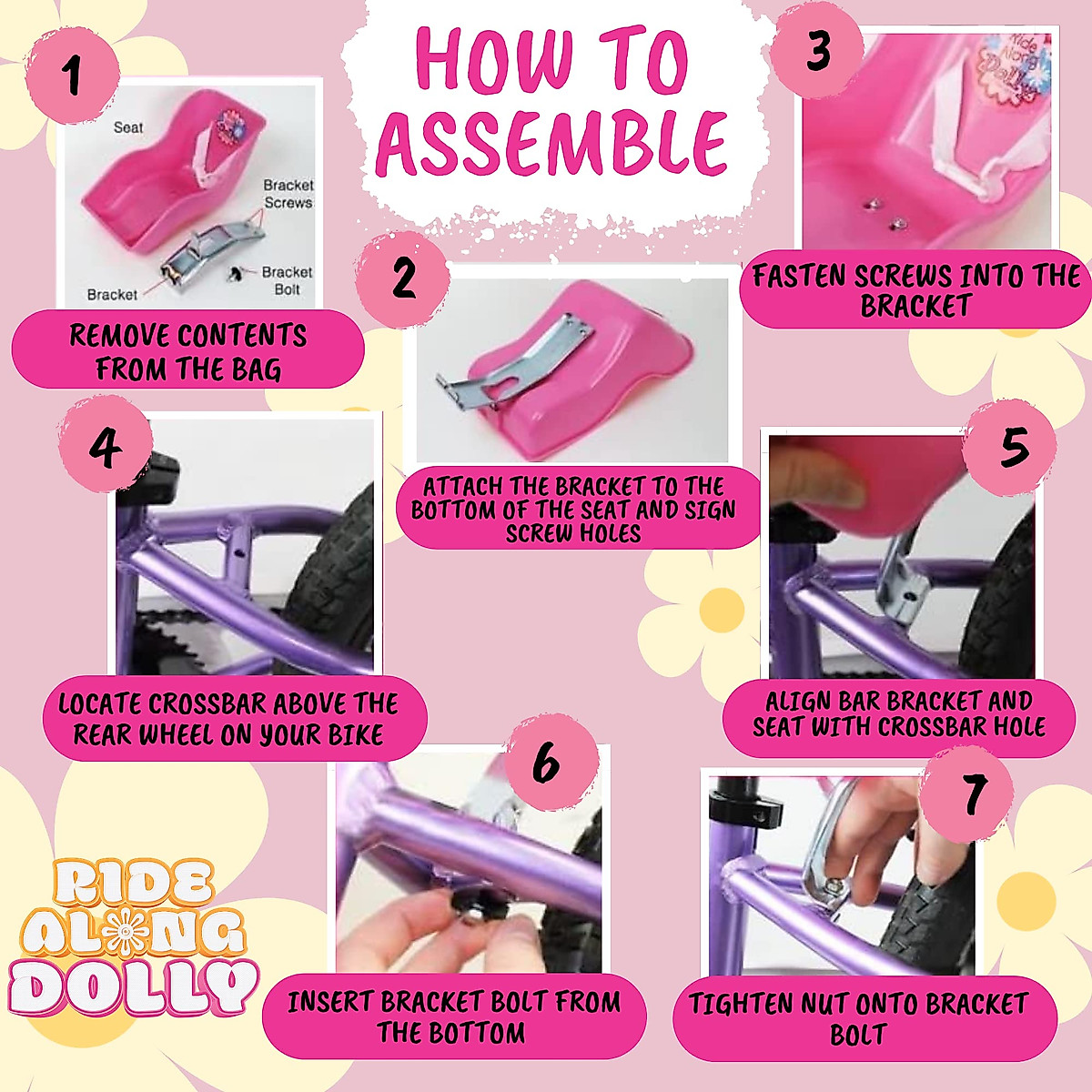 SCS Direct The Original Doll Bicycle Seat (Glitter Purple)-Bike Attachment Accessory for All 18-22" Dolls & Stuffed Bear-Decorate Yourself Decals Hardware Included! Gift Compatible with American Girl