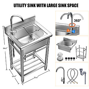 Utility Sink, Stainless Steel Sink, Single Bowl Freestanding Sink Kitchen Sinks with Hot & Cold Hoses Outdoor Sink for Laundry Garden Garage Commercial Restaurant