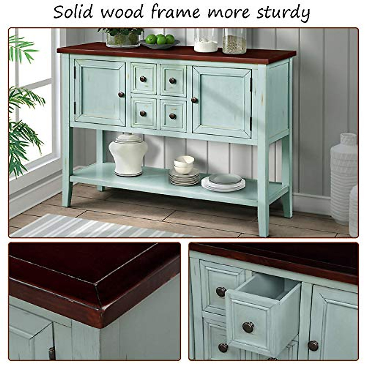 P PURLOVE Console Table Buffet Table with Storage Drawers Cabinets and Bottom Shelf (Antique Blue)