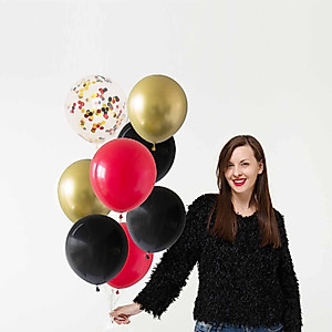 ANSOMO Red Black and Gold Happy Birthday Party Decorations Banner Swirls Balloons for Men Women Boys Girls Him Her