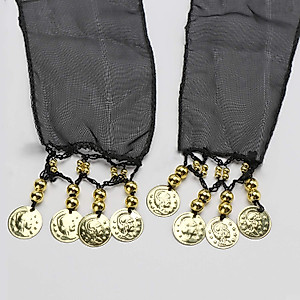 COSICS Belly Dance Hip Scarf, Women's Black Chiffon Belly Dancing Scarf with 128 Gold Coins for Yoga Class
