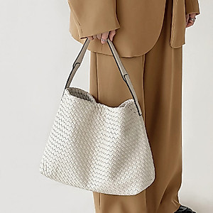 JINMANXUE Women Boston Bag Woven Vegan Leather Handbags Female Satchel Messenger Bag Fashion Shoulder Bag Casual Hobo (Off white)