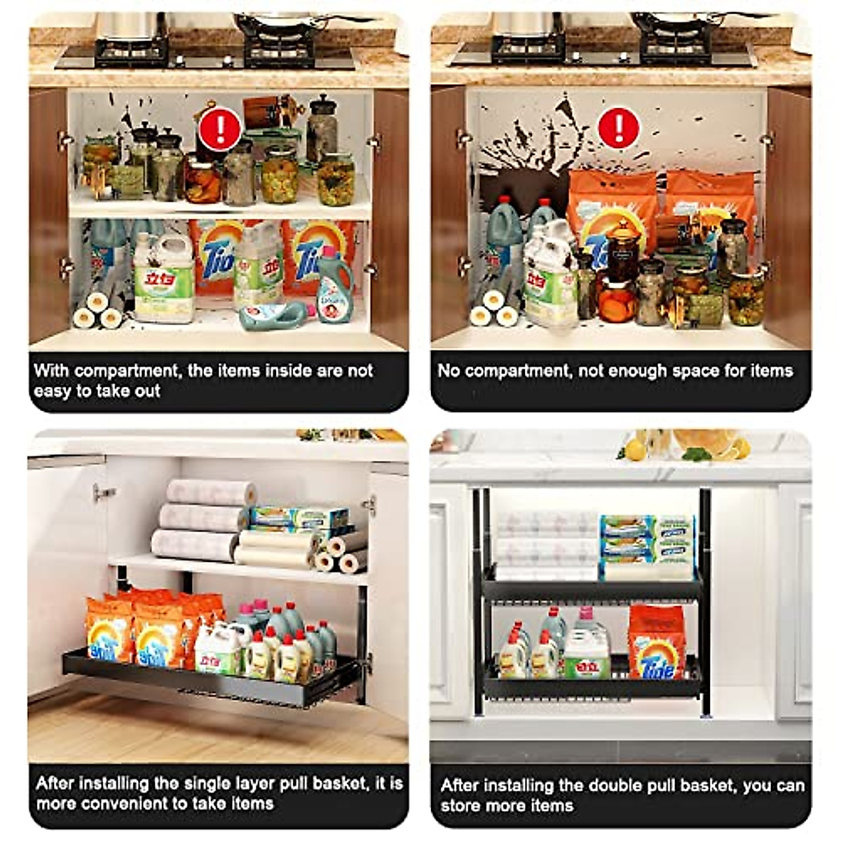 moapm Expandable Pull Out Cabinet Organizer Wire Basket Slide Out Cabinet Drawer Pull Out Kitchen Cabinet Organizer Storage ​Shelves for Kitchen Bathroom, Single Layer