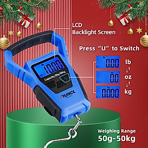 RUNCL Waterproof Fishing Scale with Lip Gripper, Electric Fish Scale with 40 in Ruler, LB/OZ/KG, Big Handle, Memory Storage, Digital Portable Hanging Scale for Luggage, Fish