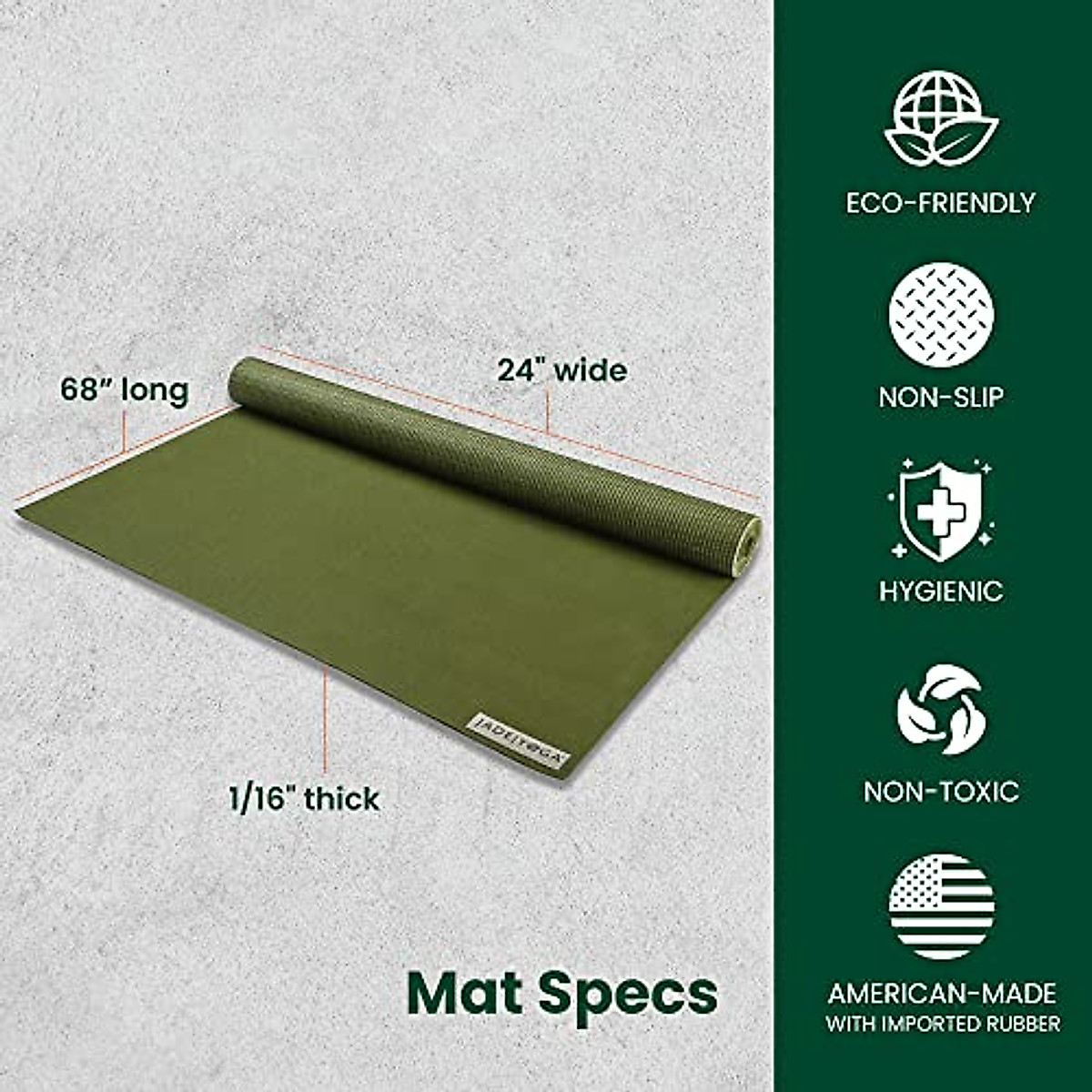 JadeYoga Voyager Yoga Mat - Lightweight & Portable Rubber Yoga Mat - Non-Slip Exercise Mat for Women & Men - Great for Yoga, Home Workout, Gym Fitness, Pilates, Stretching, and More (68" Olive Green)