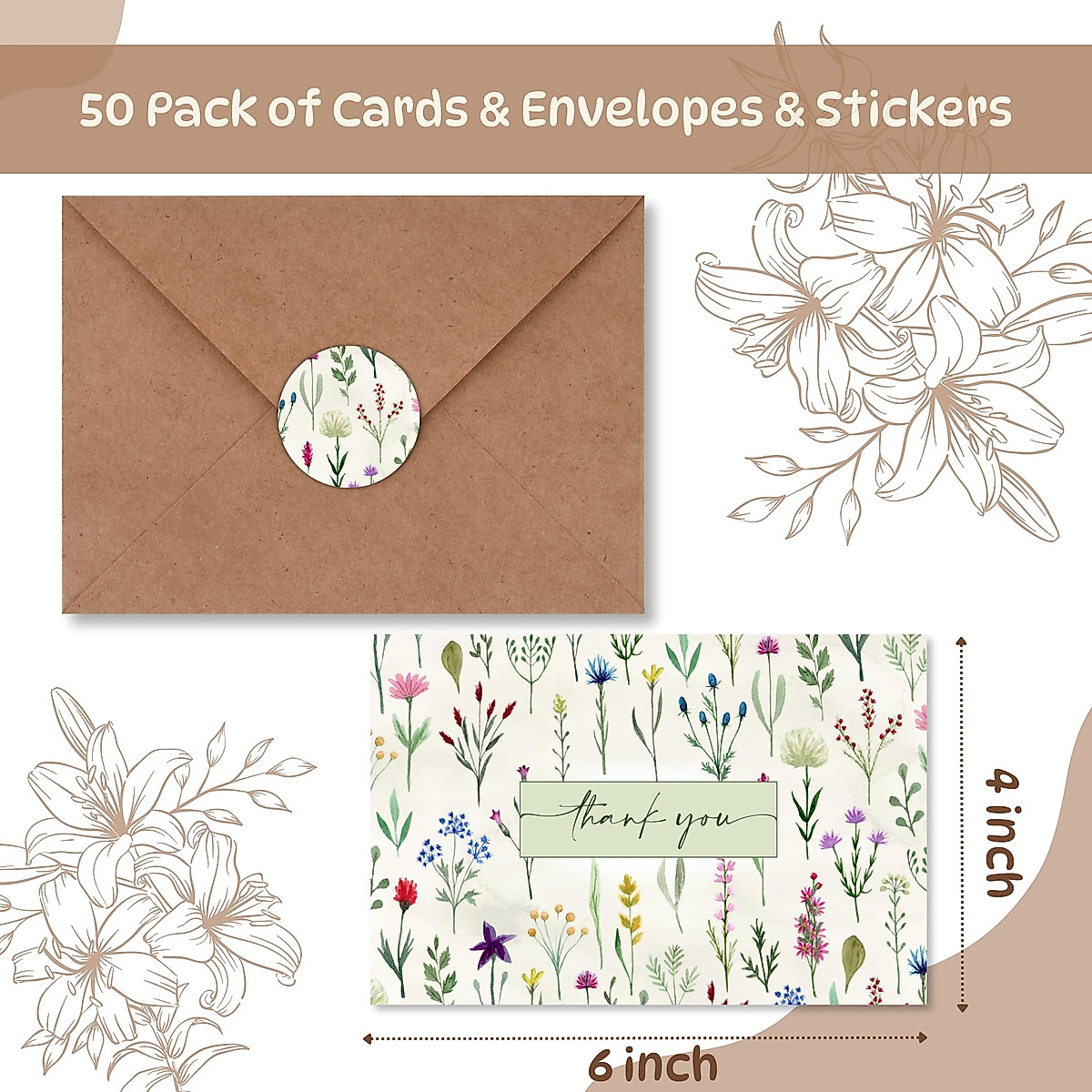 CCAMSSELY Wedding Thank You Cards with Envelopes - 50 Pack Watercolor Floral Thank You Cards Bulk for Baby Shower Bridal Birthday Graduation - 4x6 inches