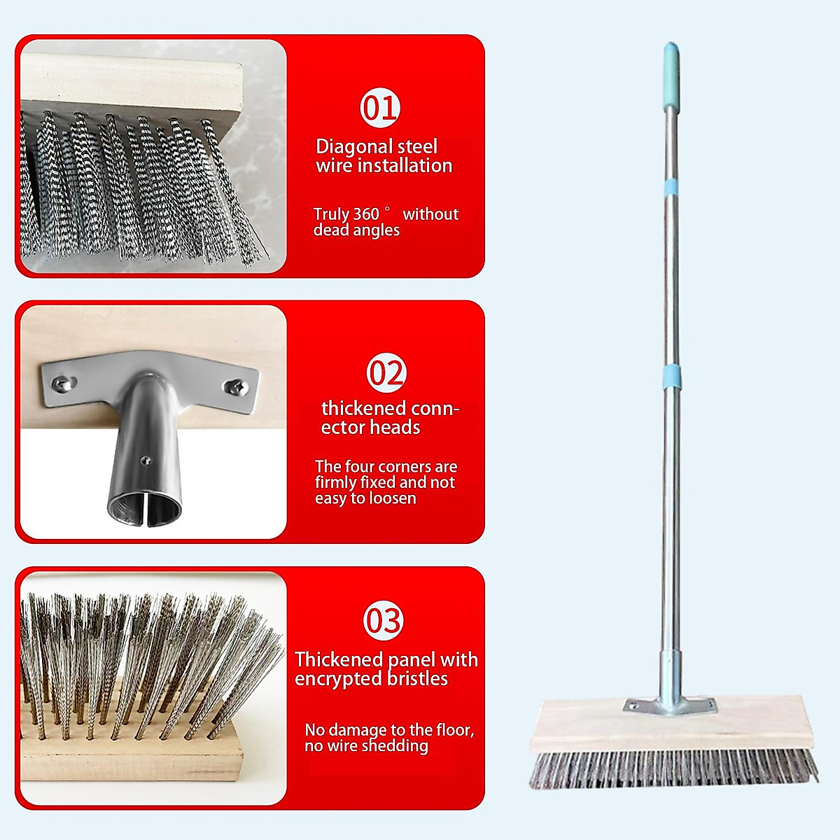 Stainless Steel Wire Broom Deck Scrub Brush with Long Handle, Stiff Metal Bristle Brush, Heavy Duty Floor Brush for Outdoor Patio Deck Garden