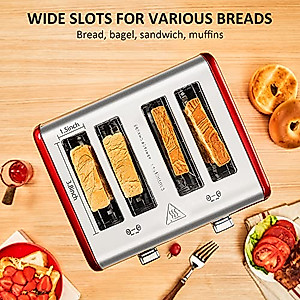REDMOND Toaster 4 Slice Stainless Steel, Wide Slots 4 Slice Toaster with Bagel Defrost Cancel Function 6 Bread Shade Settings for Bread waffles Auto Shutoff Red