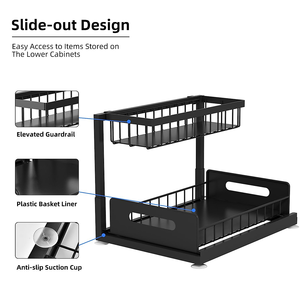 Lxmons 2-Tier Under Sink Slide Out Organizer, 2 Pack Pull Out Cabinet Storage Shelf with Sliding Storage Wire Basket Drawer for Bathroom Kitchen, Countertop or Pantry Storage shelf, Black
