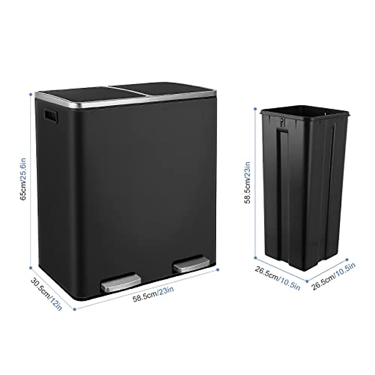 finetones Dual Step Trash Can, 16 Gallon (30L) Stainless Steel Garbage Can with 2 Soft-Close Lid and 2 Removable Inner Wastebasket, Bin Body with Handle for Kitchen, Home Office, Black…