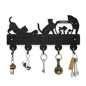 BEUNITONE Cat Wooden Key Holder Animal Key Hanger 11.8x7.9 Cat Fish Decorative Key Holder Rack Wall Mounted Wood Key Display Holder with 5 Hooks and Screws for Entryway Kitchen Hallway Office